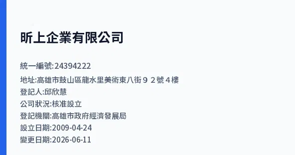 昕上企業有限公司的照片-統編 24394222(高雄市) 公司登記資料與營業項目詳細圖表