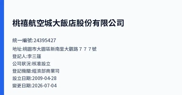 桃禧航空城大飯店股份有限公司的照片-統編 24395427(桃園市) 公司登記資料與營業項目詳細圖表