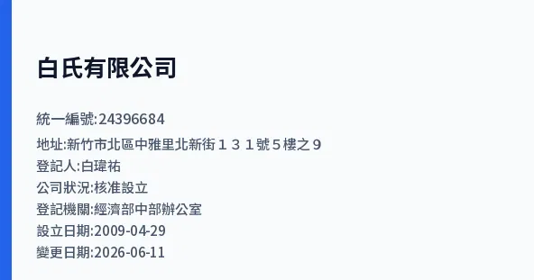白氏有限公司的照片-統編 24396684(新竹市) 公司登記資料與營業項目詳細圖表