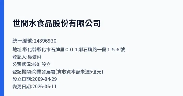 世間水食品股份有限公司的照片-統編 24396930(彰化縣) 公司登記資料與營業項目詳細圖表