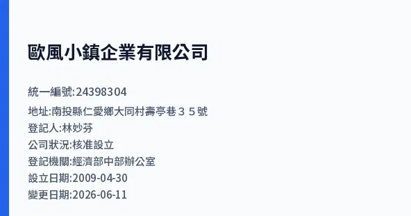 歐風小鎮企業有限公司的照片-統編 24398304(南投縣) 公司登記資料與營業項目詳細圖表