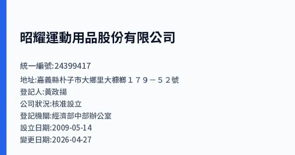 昭耀運動用品股份有限公司的照片-統編 24399417(嘉義縣) 公司登記資料與營業項目詳細圖表