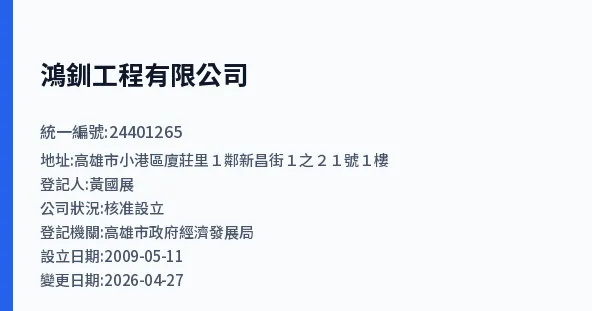 鴻釧工程有限公司的照片-統編 24401265(高雄市) 公司登記資料與營業項目詳細圖表