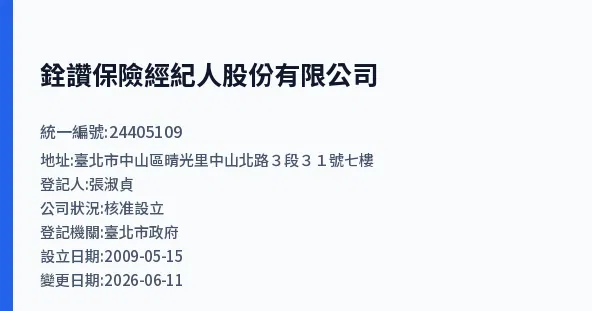 銓讚保險經紀人股份有限公司的照片-統編 24405109(臺北市) 公司登記資料與營業項目詳細圖表