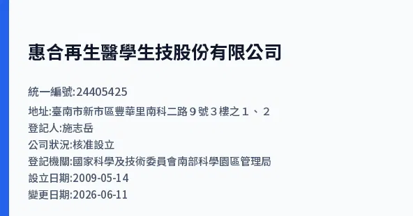 惠合再生醫學生技股份有限公司的照片-統編 24405425(臺南市) 公司登記資料與營業項目詳細圖表