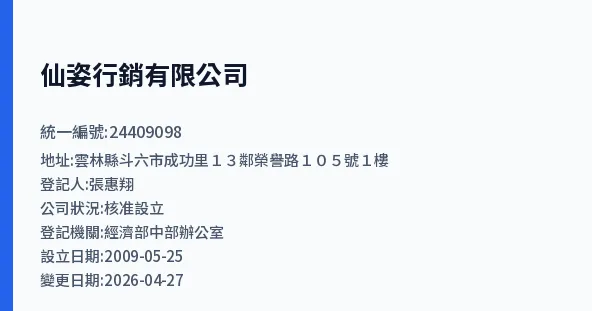 仙姿行銷有限公司的照片-統編 24409098(雲林縣) 公司登記資料與營業項目詳細圖表