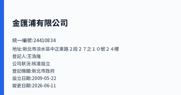 金匯浦有限公司的照片-統編 24410834(新北市) 公司登記資料與營業項目詳細圖表