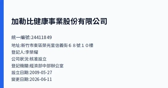 加勒比健康事業股份有限公司的照片-統編 24411849(新竹市) 公司登記資料與營業項目詳細圖表