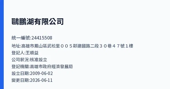 鷗鵬湖有限公司的照片-統編 24415508(高雄市) 公司登記資料與營業項目詳細圖表