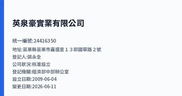 英泉豪實業有限公司的照片-統編 24416350(苗栗縣) 公司登記資料與營業項目詳細圖表