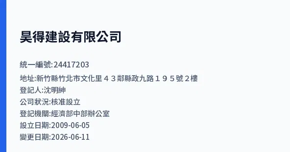 昊得建設有限公司的照片-統編 24417203(新竹縣) 公司登記資料與營業項目詳細圖表