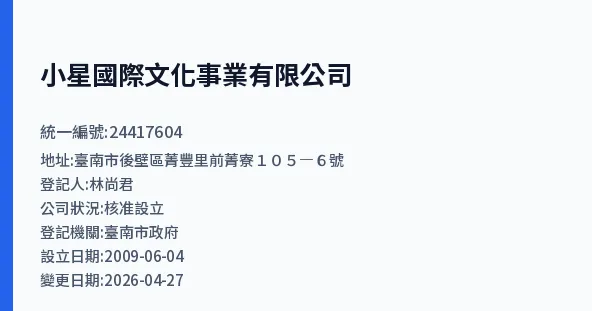 小星國際文化事業有限公司的照片-統編 24417604(臺南市) 公司登記資料與營業項目詳細圖表