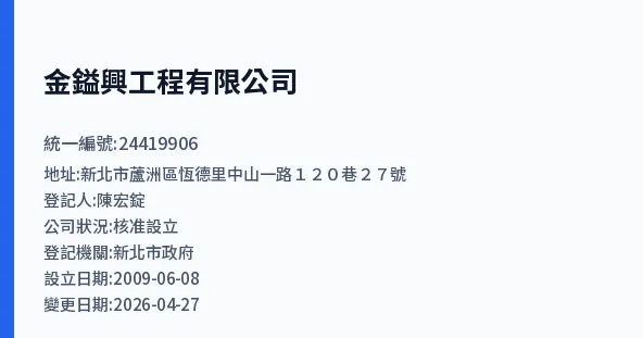 金鎰興工程有限公司的照片-統編 24419906(新北市) 公司登記資料與營業項目詳細圖表