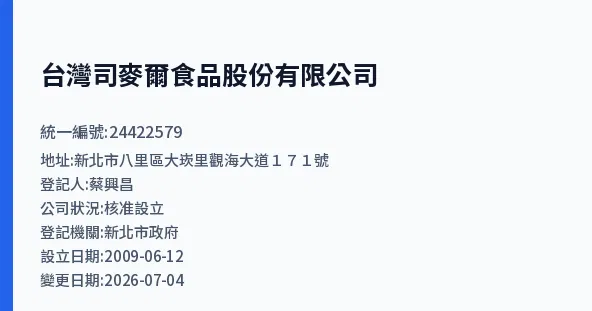 台灣司麥爾食品股份有限公司的照片-統編 24422579(新北市) 公司登記資料與營業項目詳細圖表
