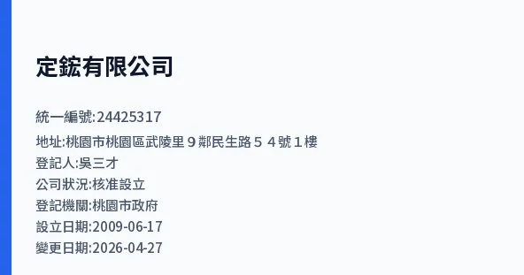 定鋐有限公司的照片-統編 24425317(桃園市) 公司登記資料與營業項目詳細圖表