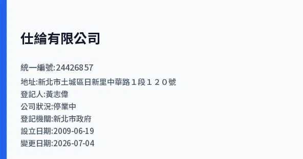 仕綸有限公司的照片-統編 24426857(新北市) 公司登記資料與營業項目詳細圖表