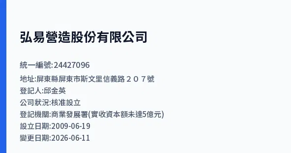 弘易營造股份有限公司的照片-統編 24427096(屏東縣) 公司登記資料與營業項目詳細圖表
