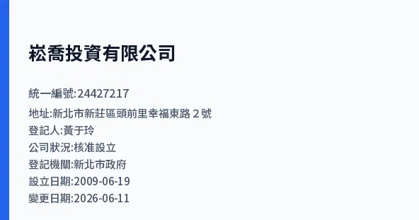 崧喬投資有限公司的照片-統編 24427217(新北市) 公司登記資料與營業項目詳細圖表