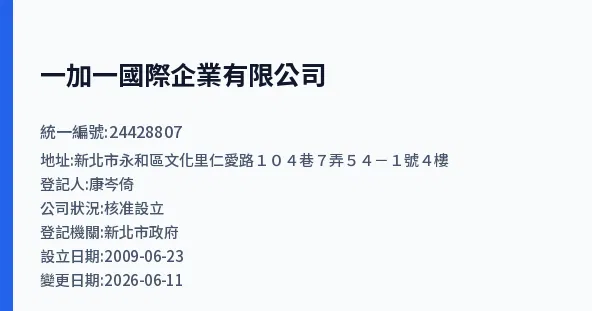 一加一國際企業有限公司的照片-統編 24428807(新北市) 公司登記資料與營業項目詳細圖表