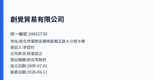 創覺貿易有限公司的照片-統編 24432730(新北市) 公司登記資料與營業項目詳細圖表