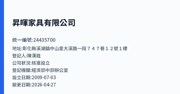 昇暉家具有限公司的照片-統編 24435700(彰化縣) 公司登記資料與營業項目詳細圖表