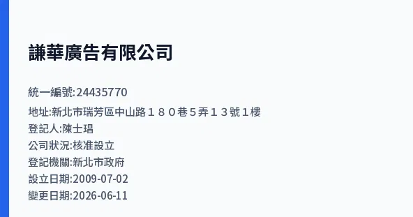 謙華廣告有限公司的照片-統編 24435770(新北市) 公司登記資料與營業項目詳細圖表