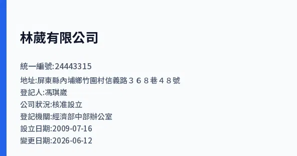 林葳有限公司的照片-統編 24443315(屏東縣) 公司登記資料與營業項目詳細圖表