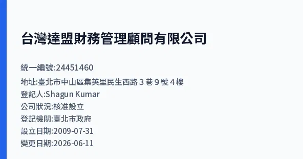 台灣達盟財務管理顧問有限公司的照片-統編 24451460(臺北市) 公司登記資料與營業項目詳細圖表