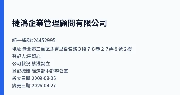 捷鴻企業管理顧問有限公司的照片-統編 24452995(新北市) 公司登記資料與營業項目詳細圖表