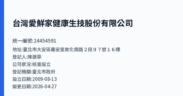 台灣愛鮮家健康生技股份有限公司的照片-統編 24454591(臺北市) 公司登記資料與營業項目詳細圖表