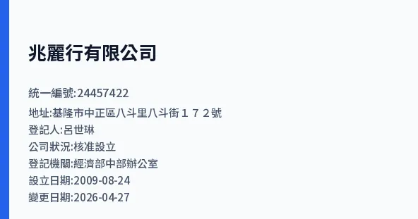 兆麗行有限公司的照片-統編 24457422(基隆市) 公司登記資料與營業項目詳細圖表