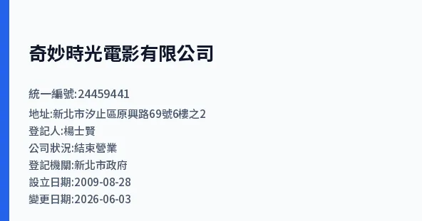 奇妙時光電影有限公司的照片-統編 24459441(新北市) 公司登記資料與營業項目詳細圖表