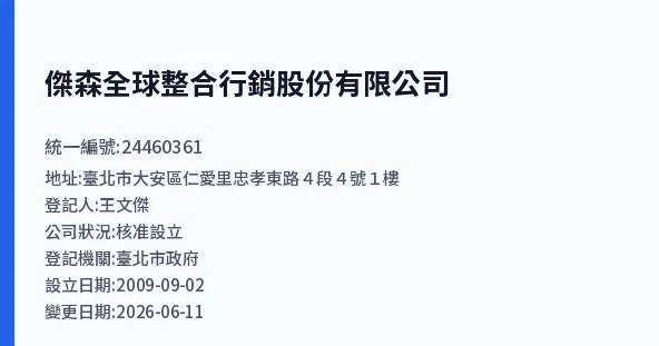 傑森全球整合行銷股份有限公司的照片-統編 24460361(臺北市) 公司登記資料與營業項目詳細圖表