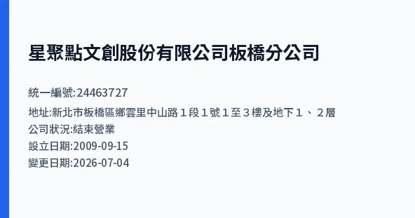 星聚點文創股份有限公司板橋分公司的照片-統編 24463727(新北市) 公司登記資料與營業項目詳細圖表