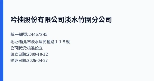 吟桂股份有限公司淡水竹圍分公司的照片-統編 24467245(新北市) 公司登記資料與營業項目詳細圖表