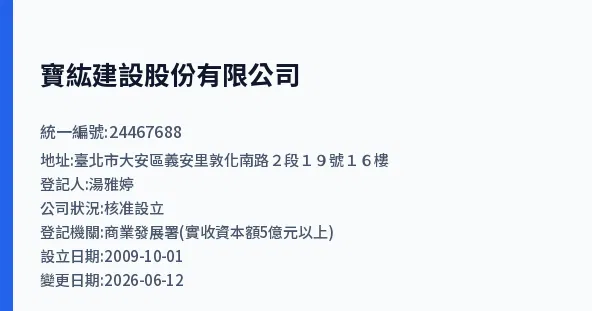 寶紘建設股份有限公司的照片-統編 24467688(臺北市) 公司登記資料與營業項目詳細圖表