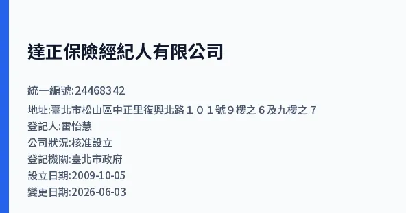 達正保險經紀人有限公司的照片-統編 24468342(臺北市) 公司登記資料與營業項目詳細圖表