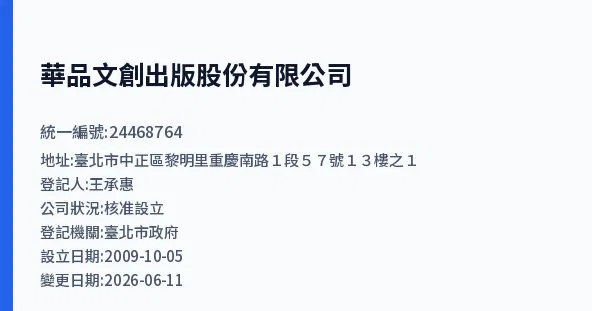 華品文創出版股份有限公司的照片-統編 24468764(臺北市) 公司登記資料與營業項目詳細圖表