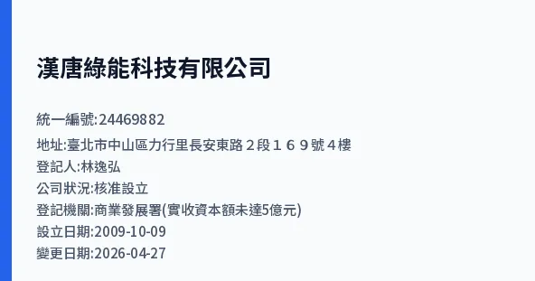 漢唐綠能科技有限公司的照片-統編 24469882(臺北市) 公司登記資料與營業項目詳細圖表