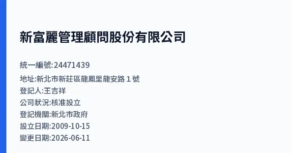 新富麗管理顧問股份有限公司的照片-統編 24471439(新北市) 公司登記資料與營業項目詳細圖表