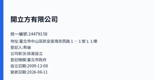 開立方有限公司的照片-統編 24479158(臺北市) 公司登記資料與營業項目詳細圖表