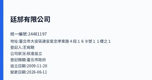 廷邡有限公司的照片-統編 24481197(臺北市) 公司登記資料與營業項目詳細圖表