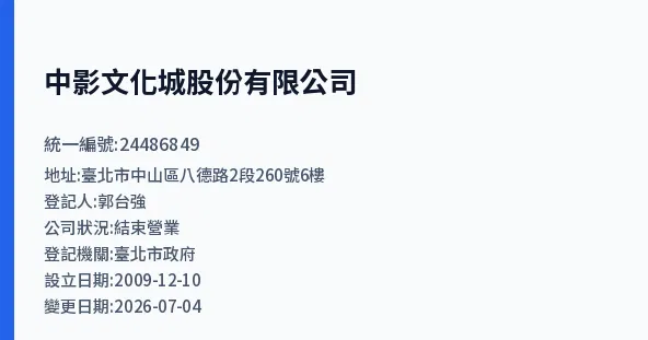 中影文化城股份有限公司的照片-統編 24486849(臺北市) 公司登記資料與營業項目詳細圖表