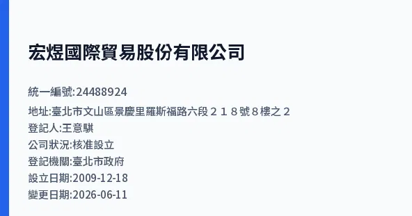 宏煜國際貿易股份有限公司的照片-統編 24488924(臺北市) 公司登記資料與營業項目詳細圖表