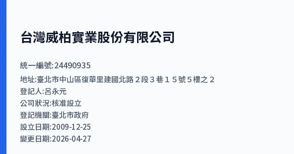 台灣威柏實業股份有限公司的照片-統編 24490935(臺北市) 公司登記資料與營業項目詳細圖表