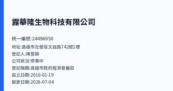 露華隆生物科技有限公司的照片-統編 24496950(高雄市) 公司登記資料與營業項目詳細圖表