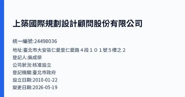 上築國際規劃設計顧問股份有限公司的照片-統編 24498036(臺北市) 公司登記資料與營業項目詳細圖表