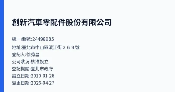 創新汽車零配件股份有限公司的照片-統編 24498985(臺北市) 公司登記資料與營業項目詳細圖表
