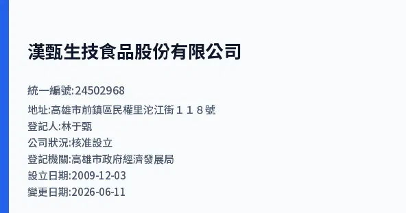 漢甄生技食品股份有限公司的照片-統編 24502968(高雄市) 公司登記資料與營業項目詳細圖表