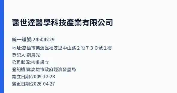 醫世達醫學科技產業有限公司的照片-統編 24504229(高雄市) 公司登記資料與營業項目詳細圖表